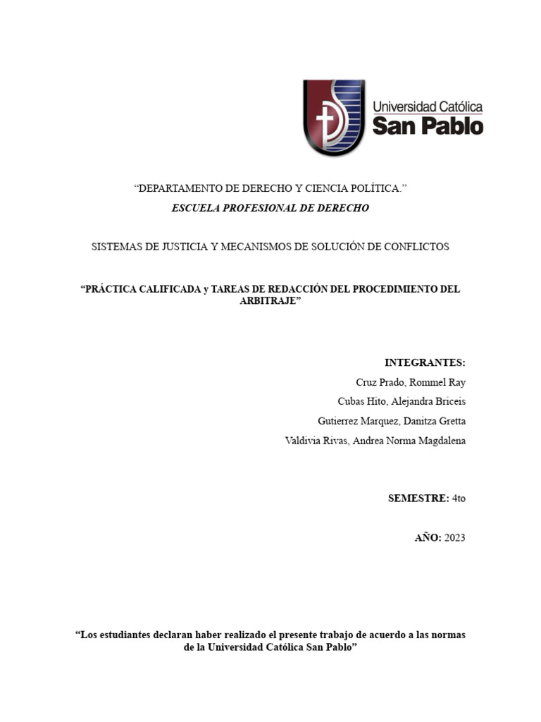 PRÁCTICA CALIFICADA y TAREAS DE REDACCIÓN DEL PROCEDIMIENTO DEL ARBITRAJE | PDF