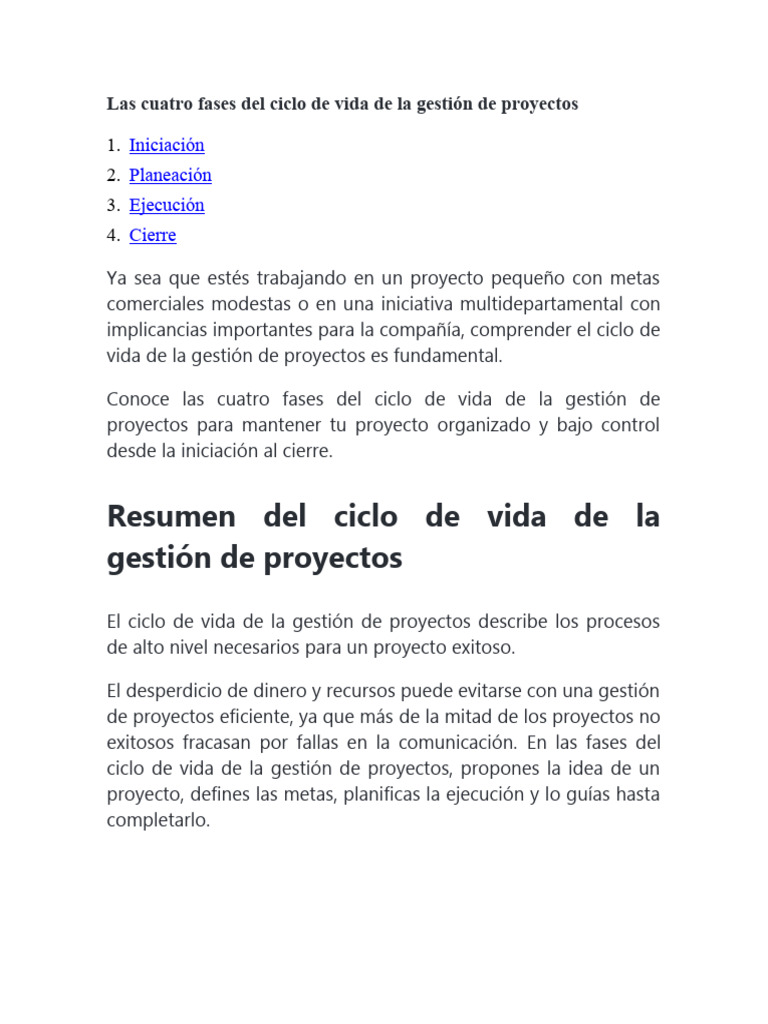 Las Cuatro Fases Del Ciclo De Vida De La Gestión De Proyectos Pdf