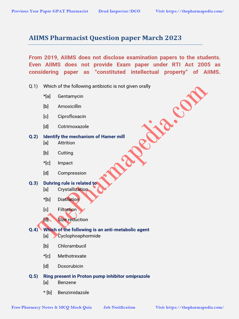 AIIMS Pharmacist Question Paper March 2023 - Pharmapedia | PDF