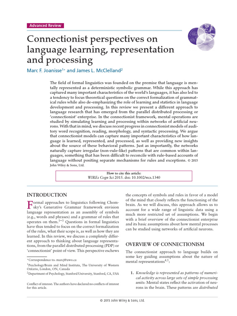 Connectionism in Language Learning - Joanisse & McClelland | PDF