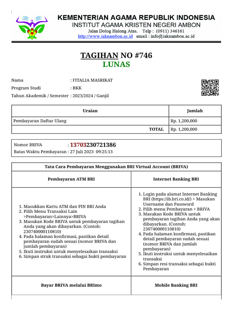 Cetak Tagihan PMB IAKN AMBON | PDF