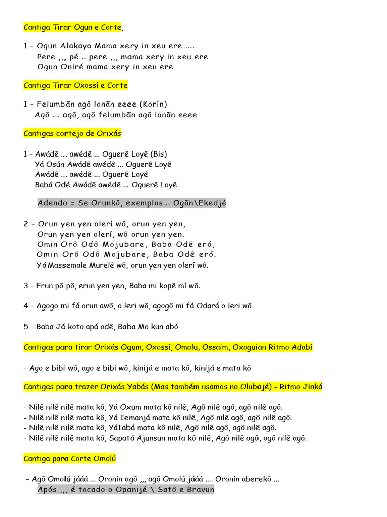 Cantigas Cortejos de Orixas - Omin Layo | PDF
