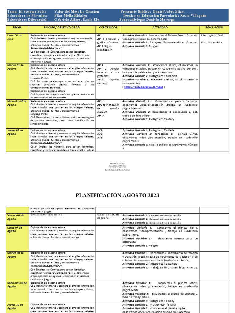 Planificacion Mensual Agosto Estrella de Belen | PDF