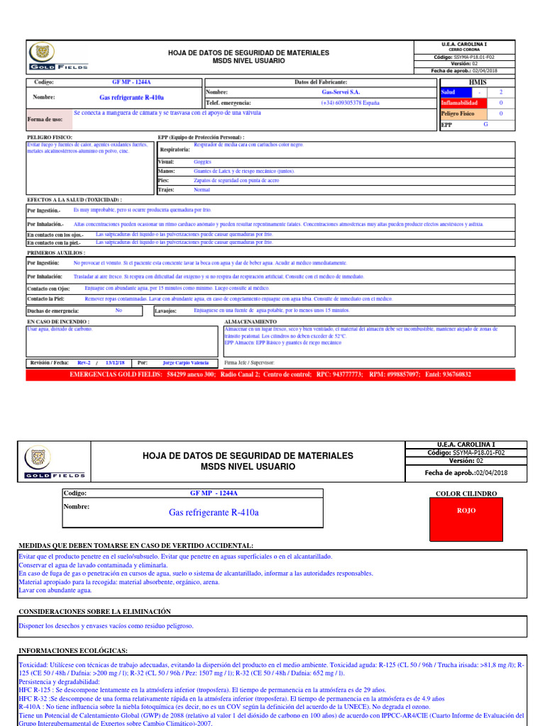 MSDS R410a - Gasservel | PDF | Agua | Quemar