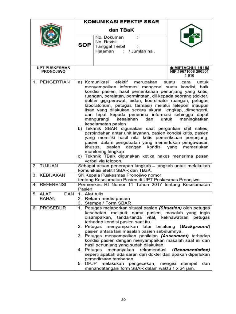 Sop Komunikasi Efektif Sbar Dan Tbak Revisi 1 | PDF