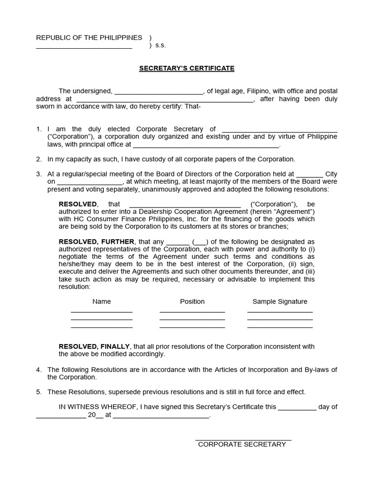 Secretary Certificate Format (1) | PDF | Governance | Government