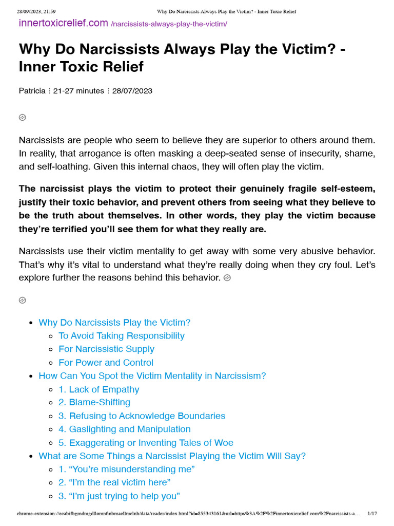 Why Do Narcissists Always Play The Victim - Inner Toxic Relief - Reader ...