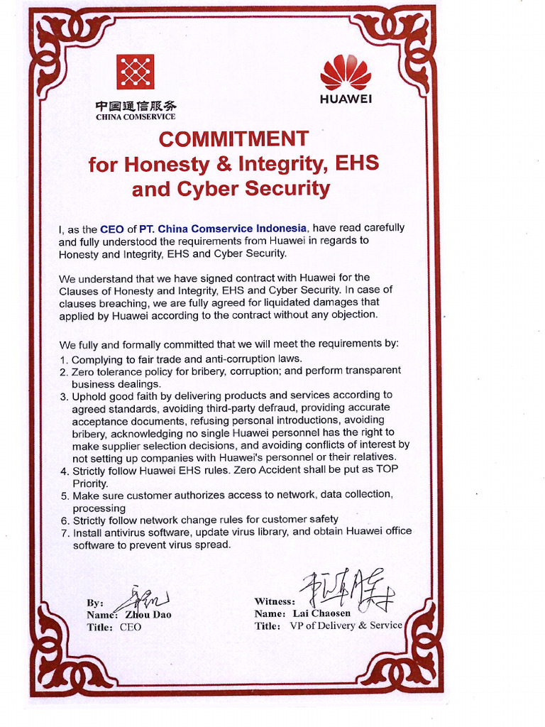 Commitment For Honesty & Integrity, EHS and Cyber Security PT China Comservice Indonesia | PDF