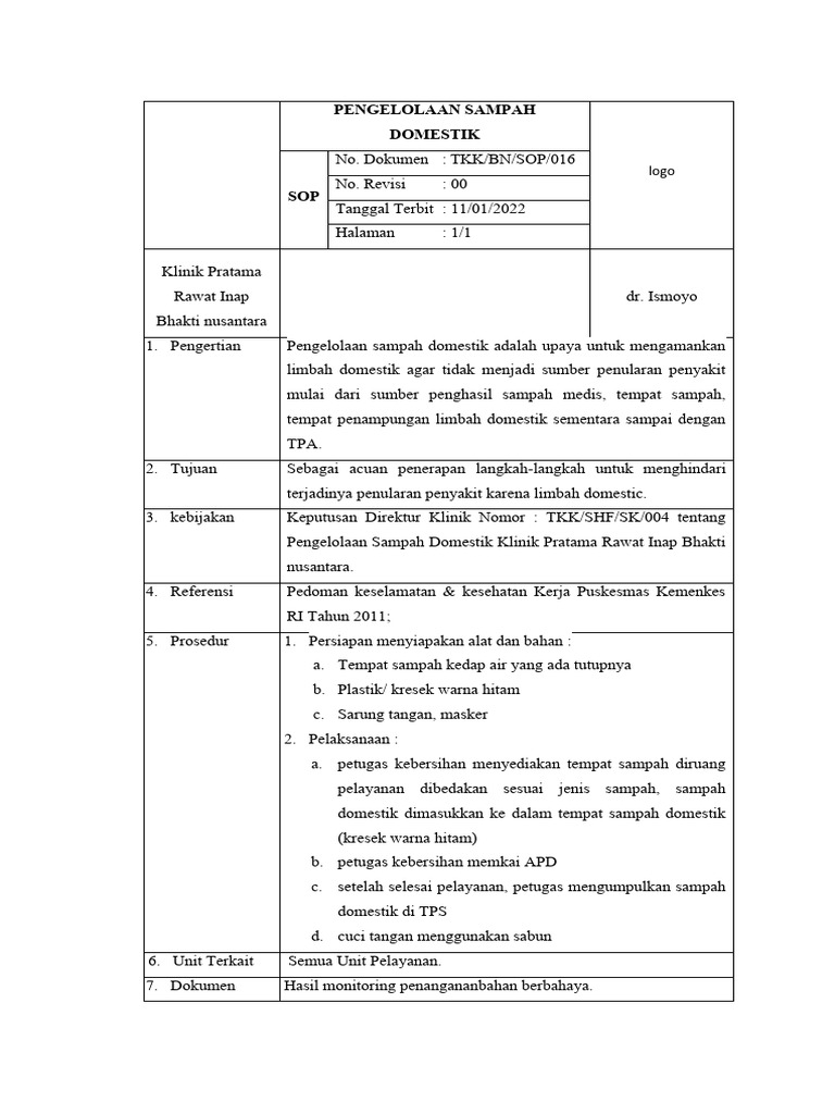 Sop Pengelolaan Sampah Domestik | PDF