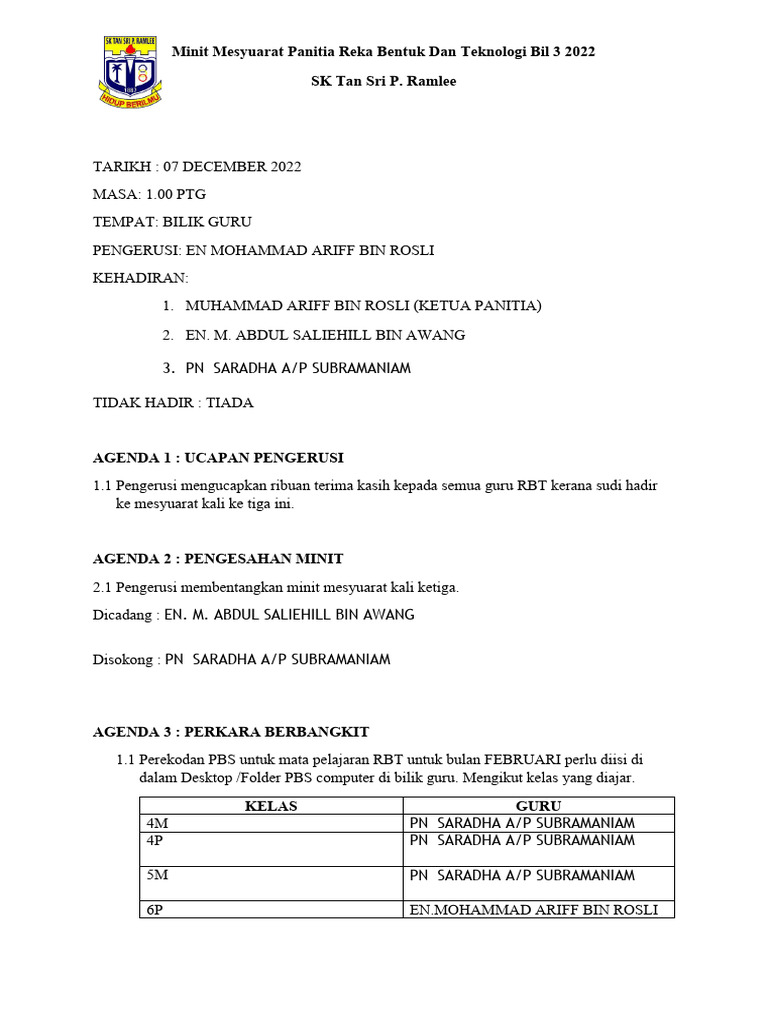 Minit Mesyuarat Panitia Reka Bentuk Dan Teknologi Bil 3 2022 | PDF