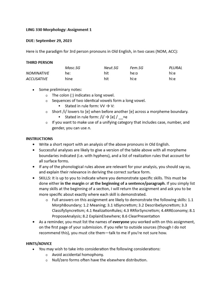 LING 330 Morphology Assignment 1 | PDF | Morphology (Linguistics ...