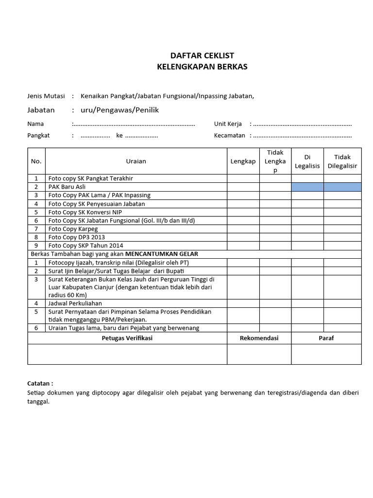 Daftar Ceklist Kenaikan Pangkat | PDF