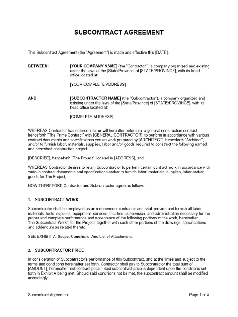 Subcontract Agreement Template (2) | PDF