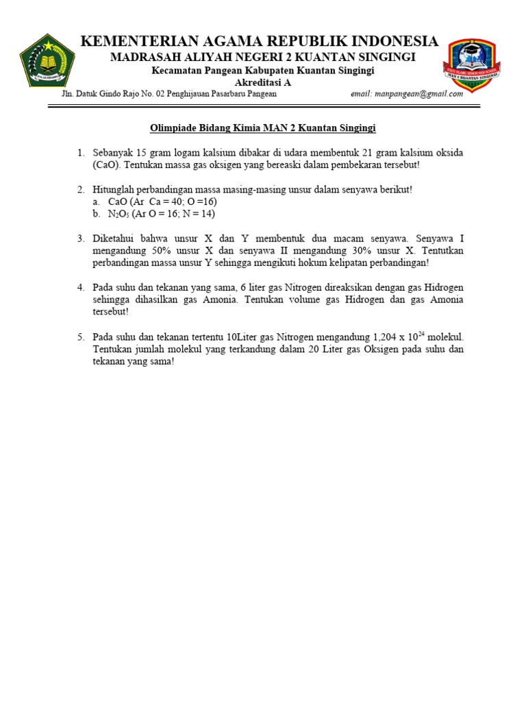 Olimpiade Bidang Kimia MAN 2 Kuantan Singingi_Per 1 | PDF