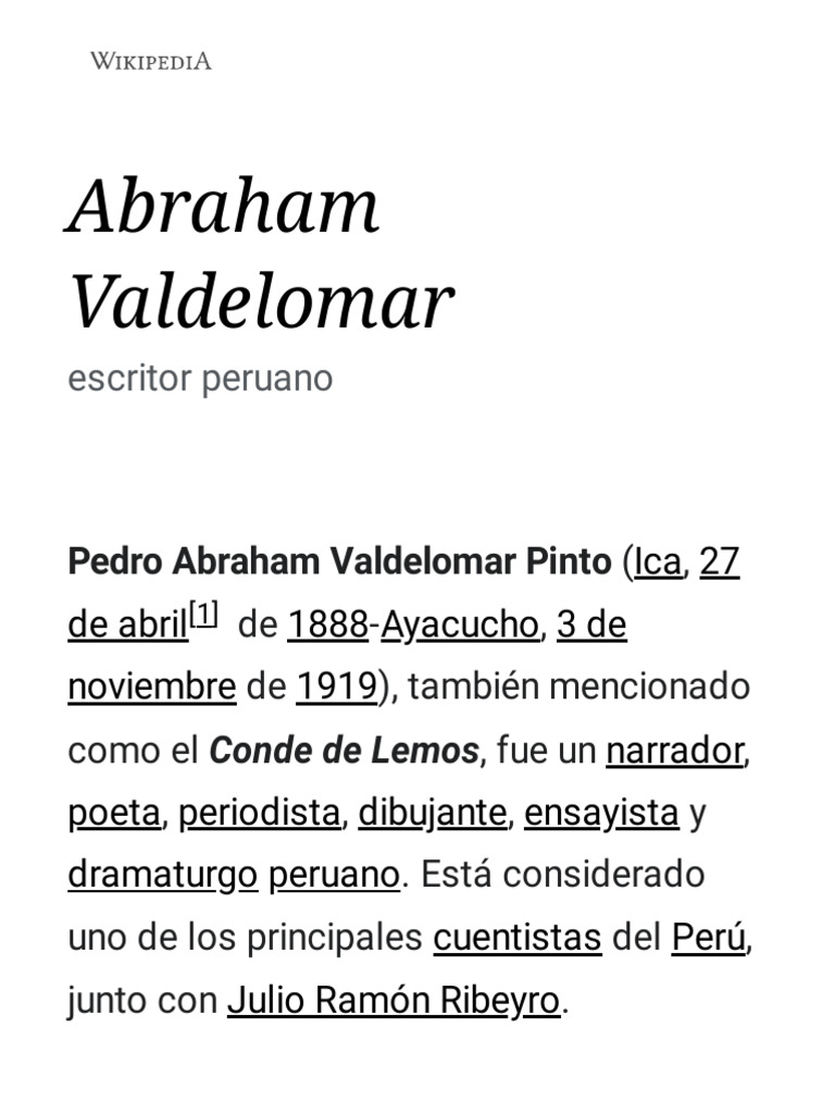 Abraham Valdelomar - Wikipedia, La Enciclopedia Libre | PDF