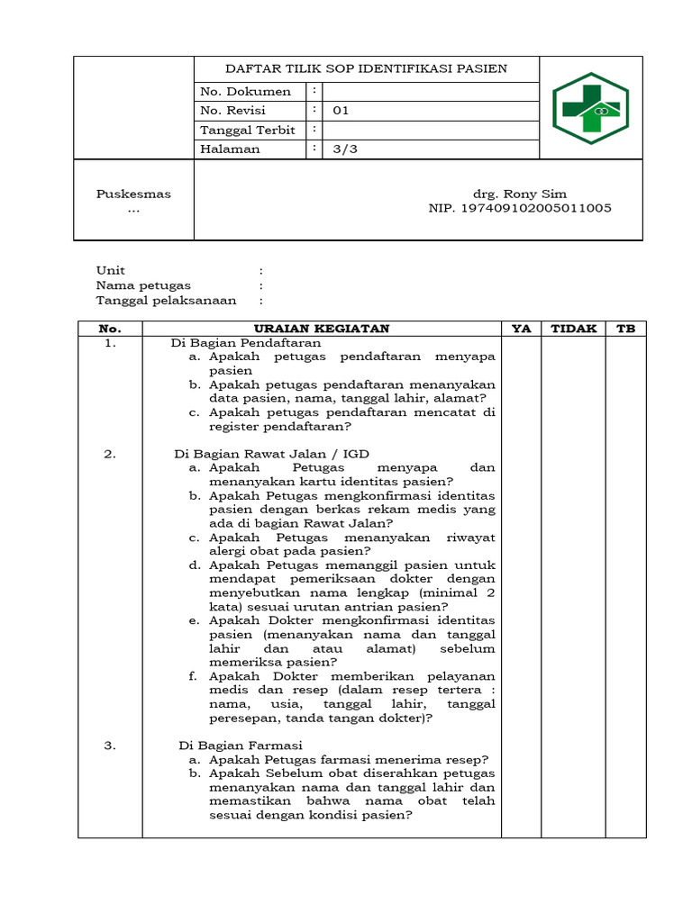 5331 Daftar Tilik Identifikasi Pasien | PDF