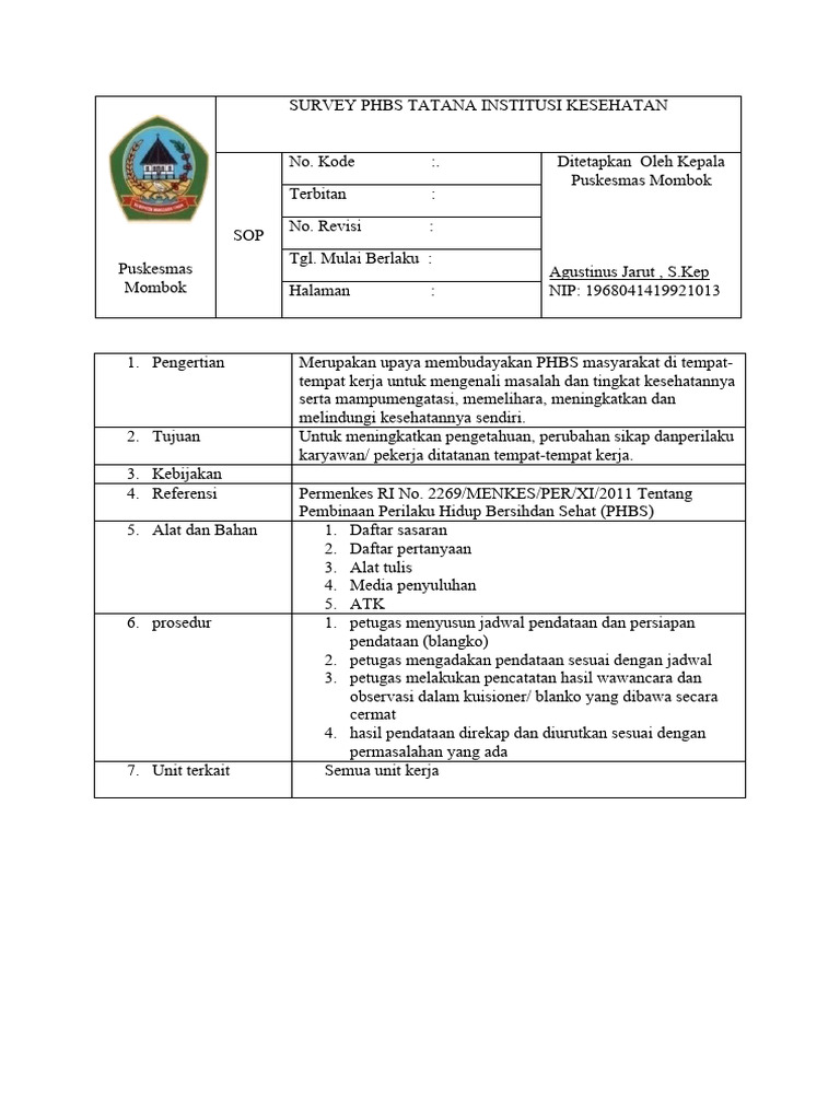 SOP Survey PHBS di Puskesmas Mombok | PDF