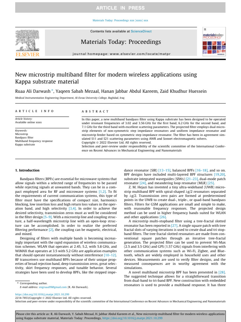 New Microstrip Multiband Filter For Modern Wireless Applications Using Kappa Substrate Material ...