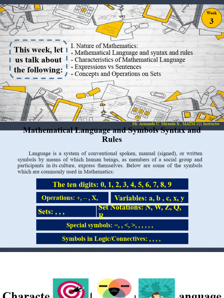 WEEK 3 Language of Mathematics SETS | PDF | Mathematics | Symbols