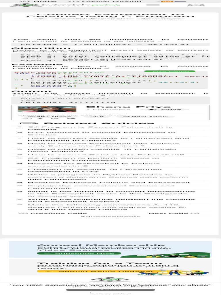 Convert Fahrenheit to Celsius Using C Program | PDF