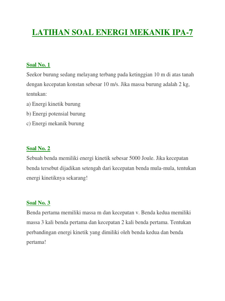 LATIHAN SOAL ENERGI MEKANIK IPA-7 GENAP | PDF