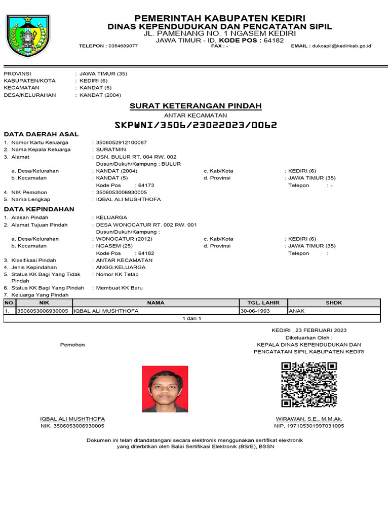 Surat Pindah Kecamatan Kediri | PDF