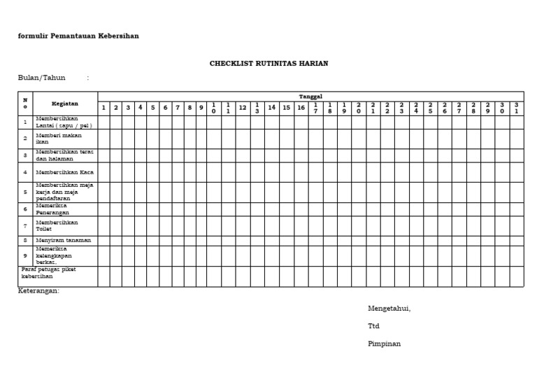 Form Ceklist Kebersihan | PDF