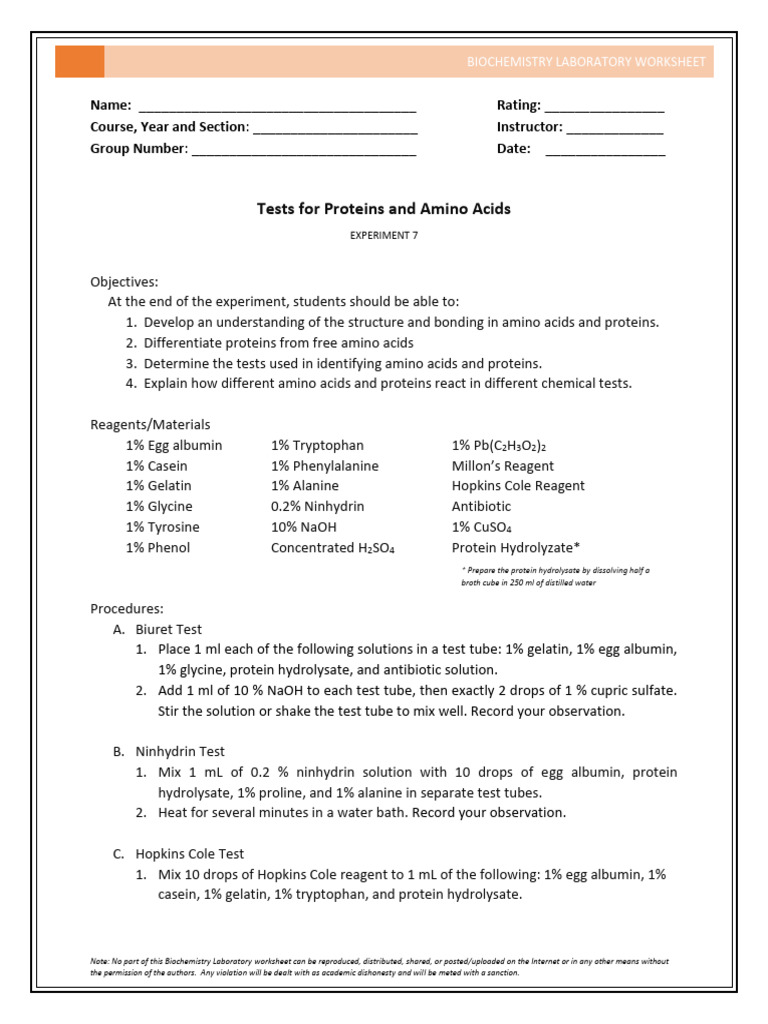 Experiment 7 Tests For Proteins and Amino Acids - Biochem Lab | PDF