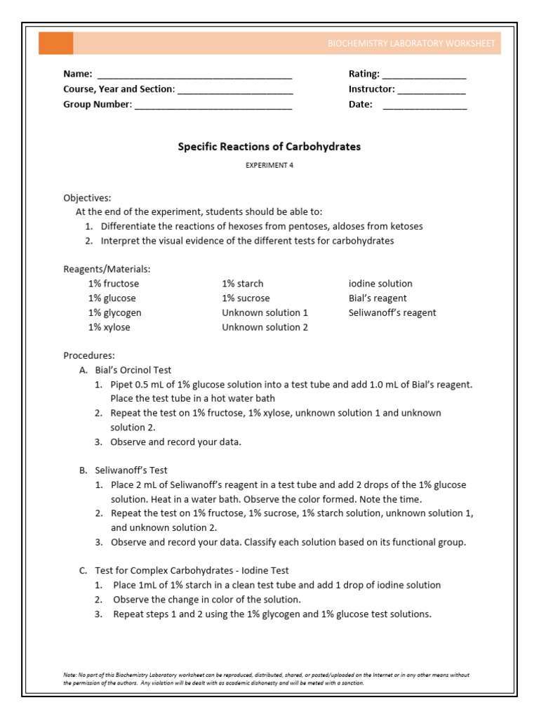 Experiment 4 Specific Reactions of Carbohydrates - Biochem Lab - 013023 ...