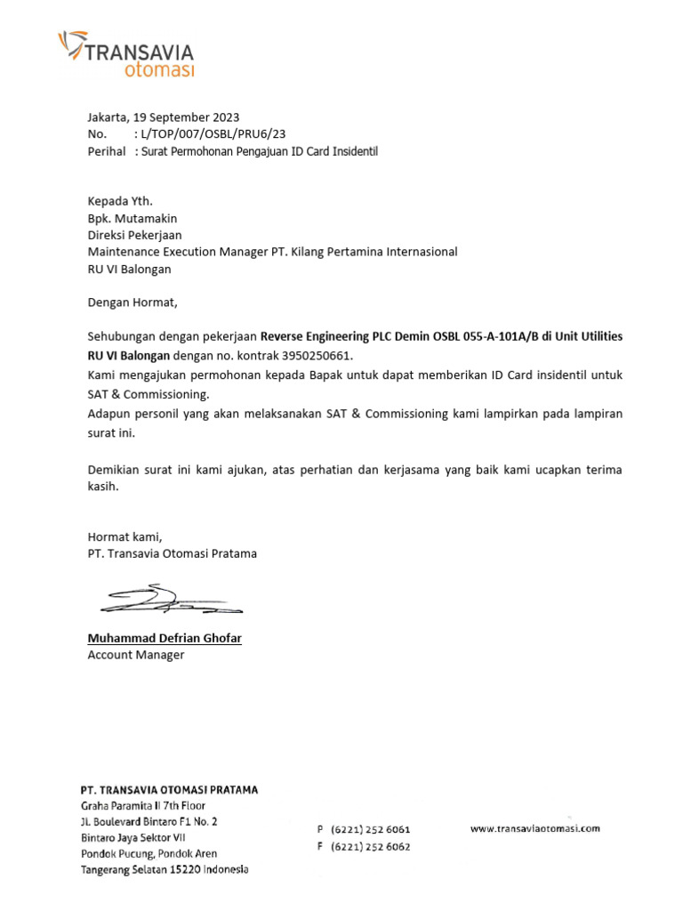 Permohonan ID Card Insidentil PT Transavia | PDF