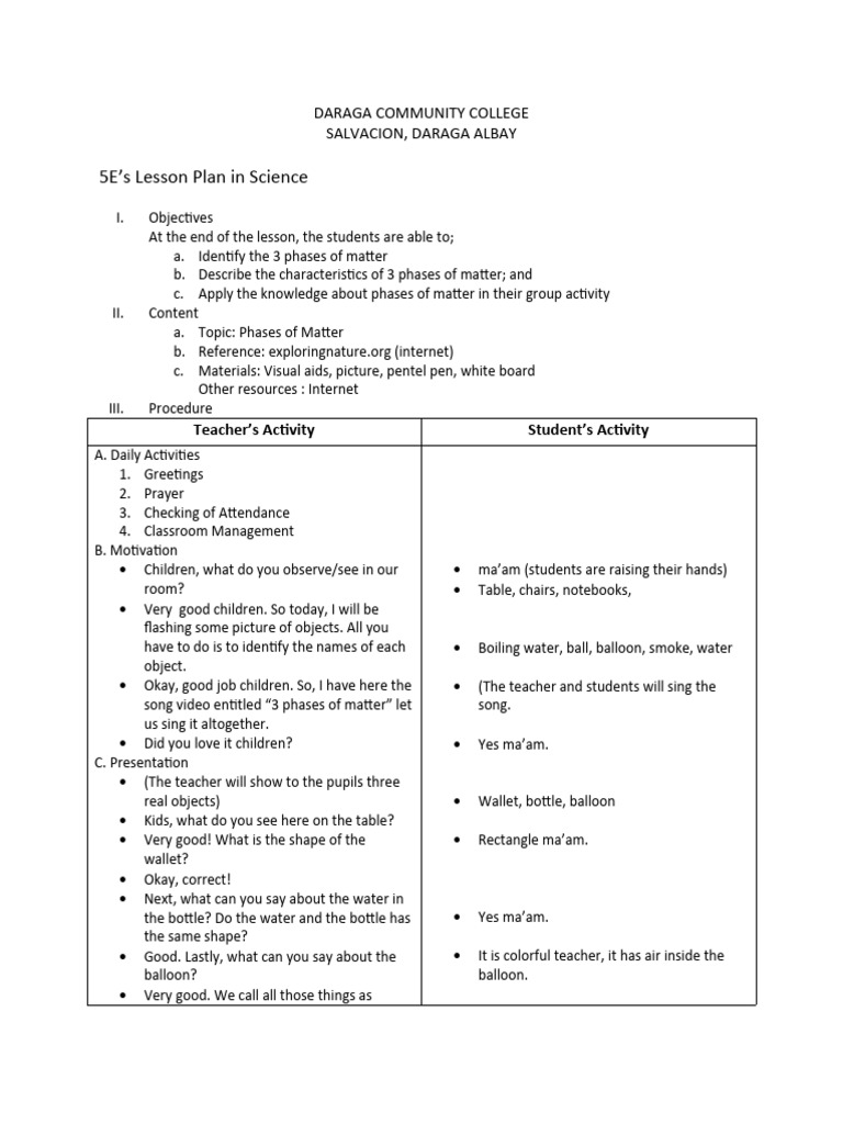 5E's Science Lesson Plan: Phases of Matter | PDF