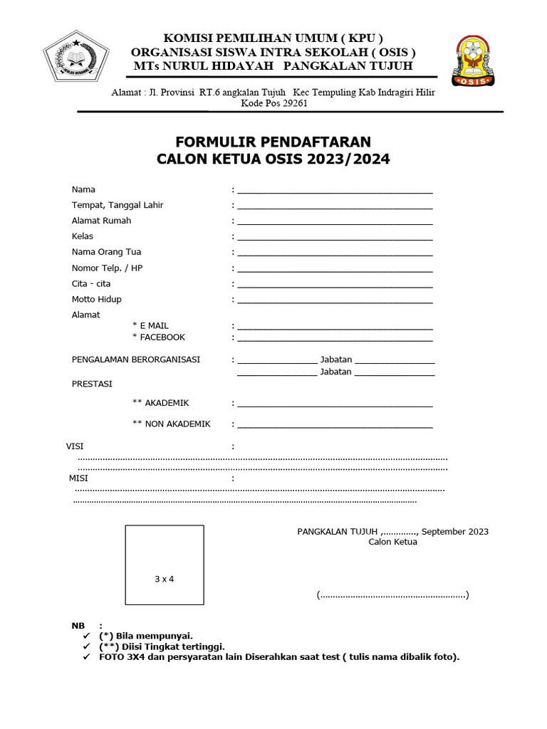 Formulir Pendaftaran Ketua Osis | PDF