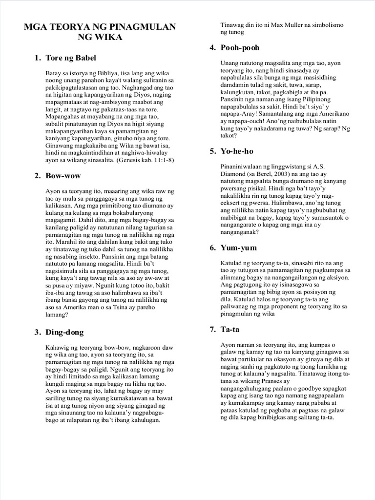 Vdocuments - MX Mga Teorya NG Pinagmulan NG Wika | PDF