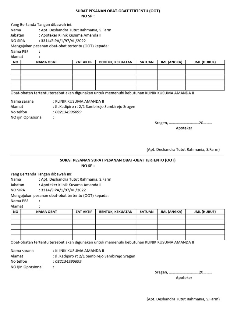 Surat Pesanan Obat Obat Tertentu | PDF