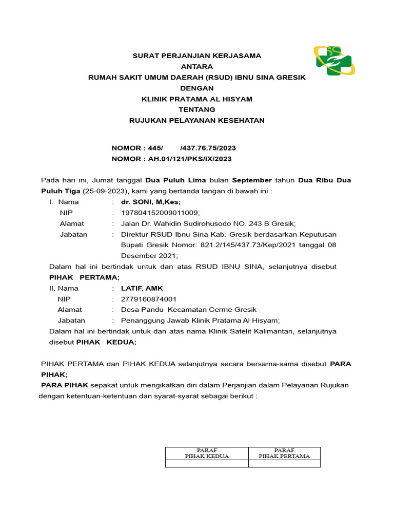 Mou Rujukan Klinik Pratama Al Hisyam - Copy | PDF