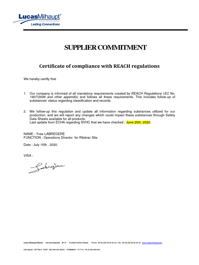REACH Compliance Certificate Overview | PDF