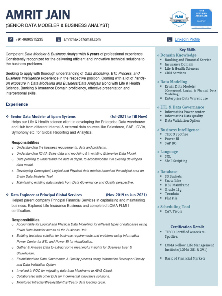 Resume Amrit Jain | Download Free PDF | Databases | Business Intelligence