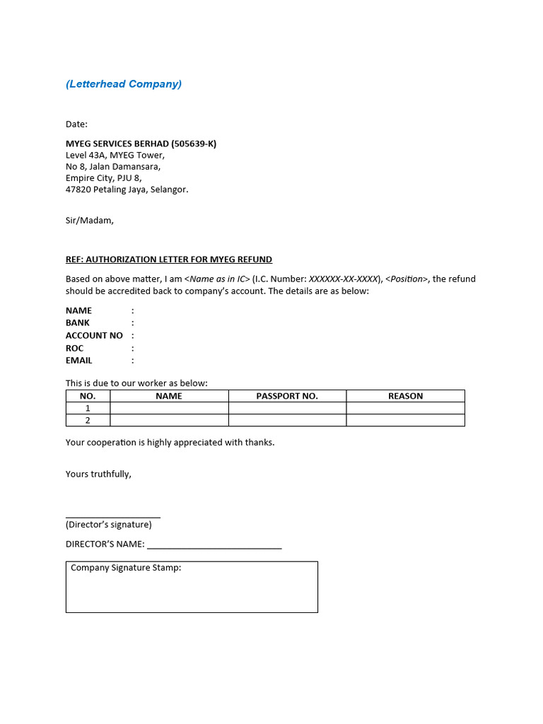 Authorization Letter For Myeg Refund | PDF