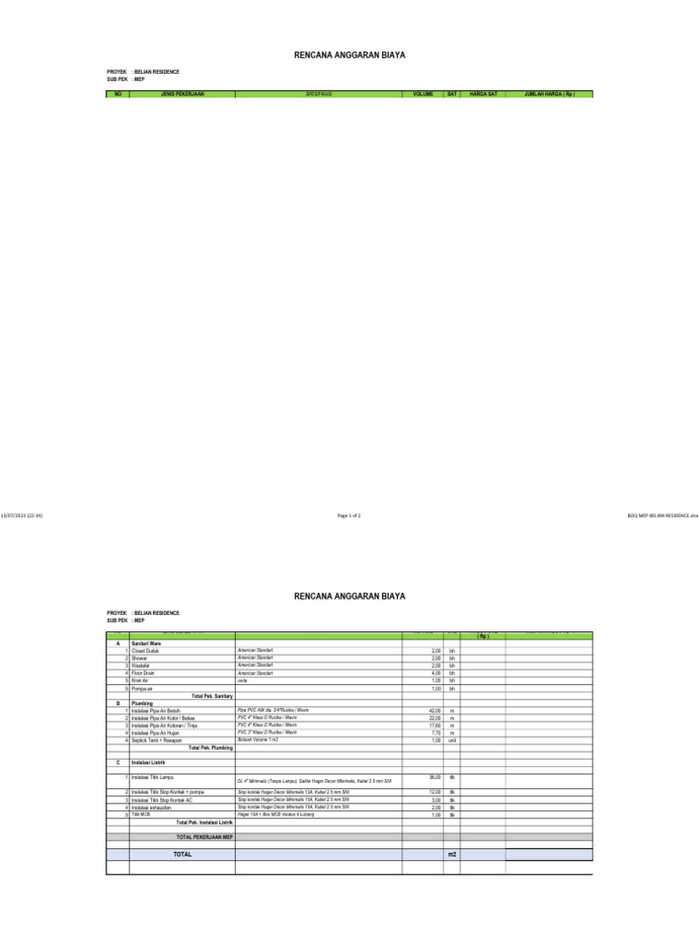 BOQ MEP PERUMAHAN BELIAN SATU LANTAI | PDF