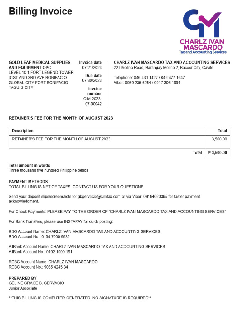 Billing-gold Leaf Medical Supplies and Equipment Opc-For the Month of ...