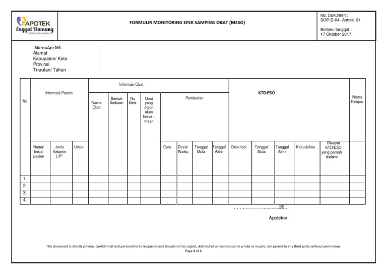 D-04-Annex 01 Formulir Monitoring Efek Samping Obat (MESO) | PDF