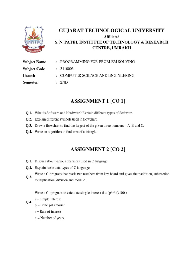 3110003assignmentcomputer Science And Engineeringassignment 01 Pdf C Programming Language