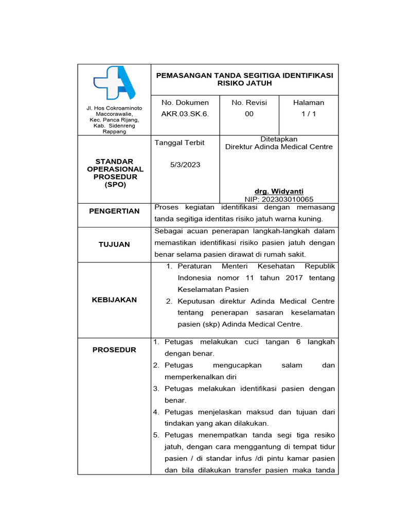 SPO 6 - 4 PEMASANGAN TANDA SEGITIGA IDENTIFIKASI Risiko Jatuh | PDF