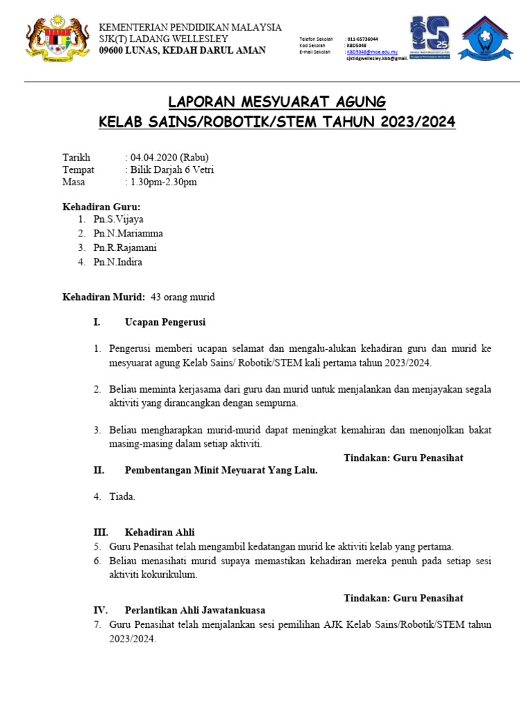 Minit Mesyuarat Agong Kelab STEM Kali 1 2023 | PDF