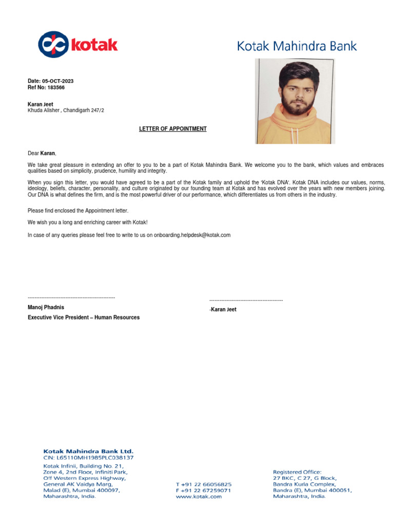 Karan Jeet-Kotak-mahindra-Bank-Offer-Letter-Placement | PDF