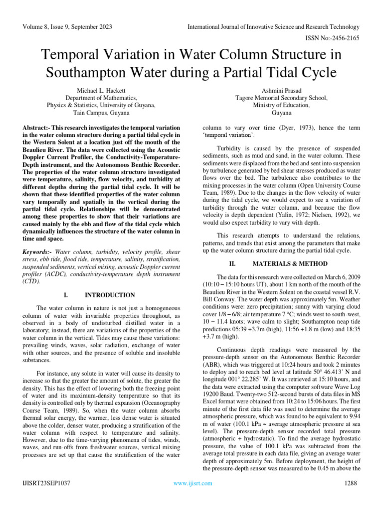 Temporal Variation in Water Column Structure in Southampton Water During A Partial Tidal Cycle ...