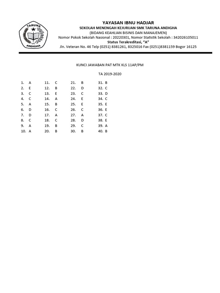 Kunci Jawaban Pat MTK Xi Appm 19-20 | PDF