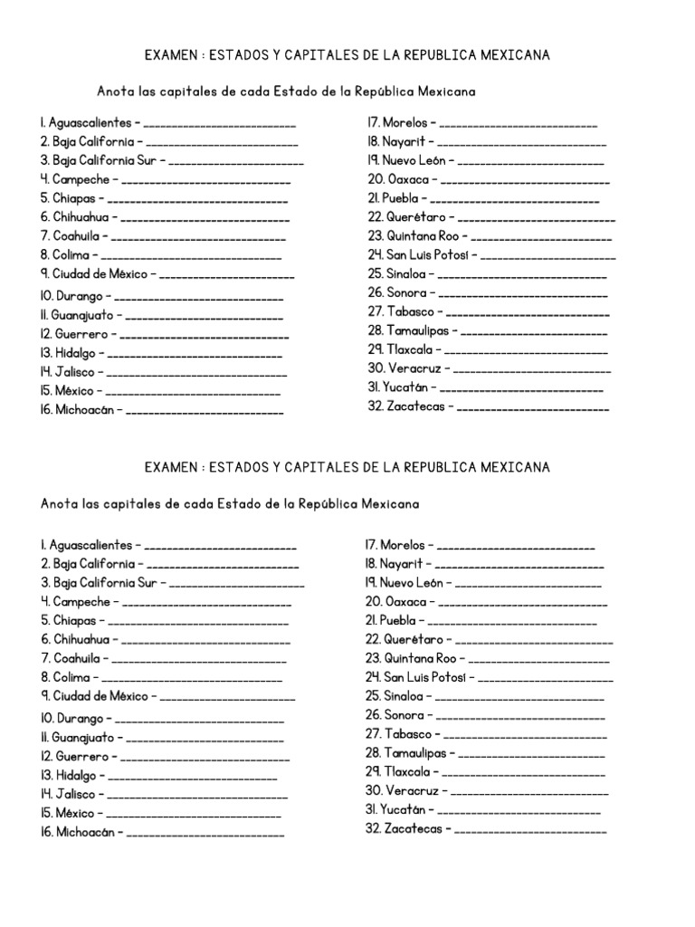 Estados Y Capitales Correspondientes Para Imprimir Estados De Estados
