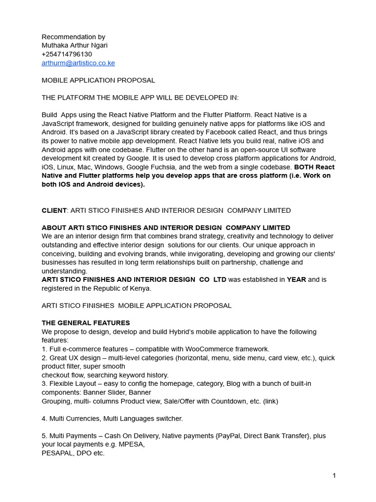 Arthur MOBILE APPLICATION PROPOSAL | PDF | Mobile App | Cross Platform Software