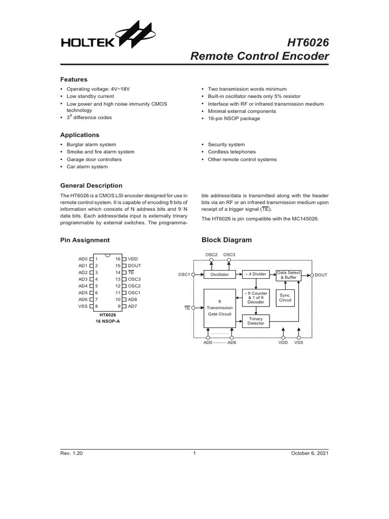 HT6026 Remote Control Encoder: Features | PDF | Cmos | Electronic Circuits